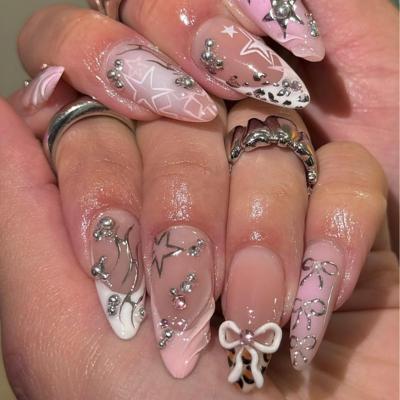 China Long Almond 3D Design French Tip False Nails Glossy Rhinestone for sale