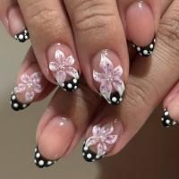 China MSDS 3D Press On Nails Glossy Polka Dot French Tip Nails Flowers Texture for sale