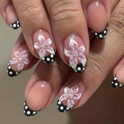 China MSDS 3D Press On Nails Glossy Polka Dot French Tip Nails Flowers Texture for sale