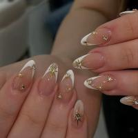 China Long Almond French Tip Fake Nails Gilded Rhinestone No Nail Salon Visit Needed for sale