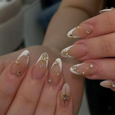 China Long Almond French Tip Fake Nails Gilded Rhinestone No Nail Salon Visit Needed for sale