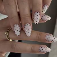 China Almond French Tip Press On Nails Black Polka Dot Ins Design False French Tip Nails for sale