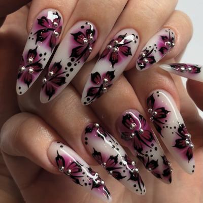 China Stiletto Long Bling Press On Nails Butterfly Fake Nails With Stones for sale