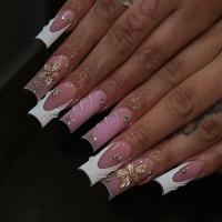 China Long Coffin 3D Press On Nails French Tip Design Easy To Apply for sale