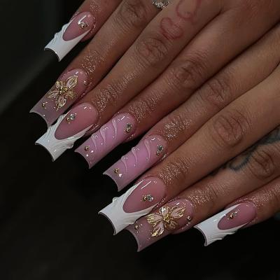 China Long Coffin 3D Press On Nails French Tip Design Easy To Apply for sale