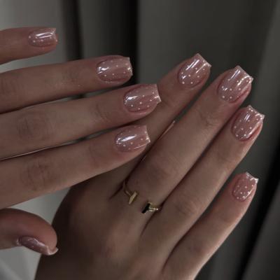 China Short Oval Pink Pattern Press On Nails Polka Dot Holographic Fake Nails for sale