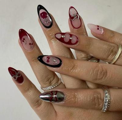 China Long Bow Almond Pattern Press On Nails Glossy Easy To Apply for sale