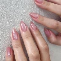 China Solid Color Holographic False Nails Pink Reusable Long Almond Nails for sale