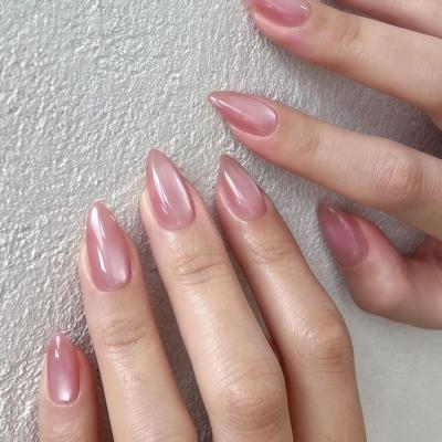 China Solid Color Holographic False Nails Pink Reusable Long Almond Nails for sale