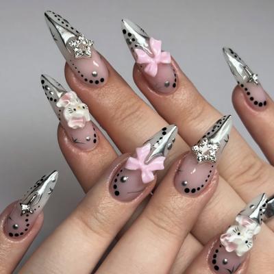 China Pink Hello Kitty Charm 3D Artificial Nails Star Rhinestone Silver Tip Nails for sale