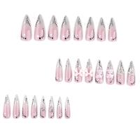 China Pink Hello Kitty Charm 3D Artificial Nails Star Rhinestone Silver Tip Nails for sale