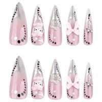 China Pink Hello Kitty Charm 3D Artificial Nails Star Rhinestone Silver Tip Nails for sale