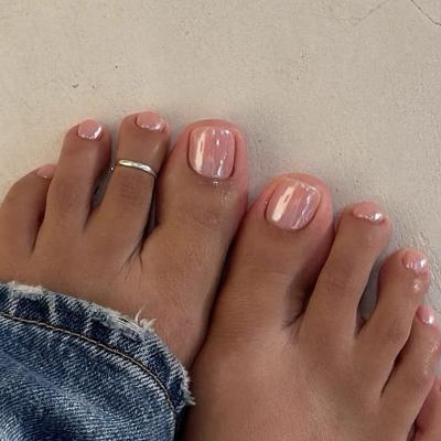 China Bright Pink Toenails Glossy Holographic Design Stick On Toenails for sale