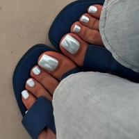 China Square Solid Blue Press On Toenails Holographic Glossy Design for sale