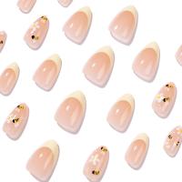 China Long Almond French Tip Pattern Press On Nails Flower Glossy for sale