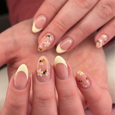 China Long Almond French Tip Pattern Press On Nails Flower Glossy for sale