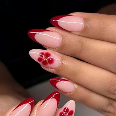 China Long Almond Flowers Pattern French Tip Press On Nails Glossy Factory Direct for sale