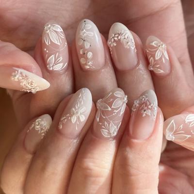 China 3D Flower French Manicure Fake Nails With Rhinestone Reusable for sale