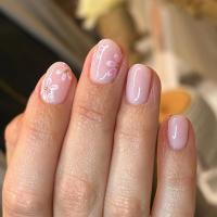 China Pink Flower Pattern Press On Nails Glossy Instant Medium Almond Nails for sale
