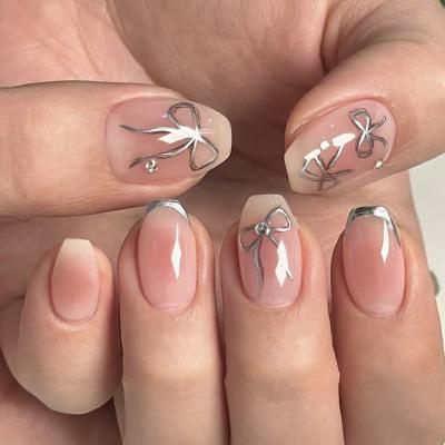 China Short Coffin Silver French Tip Press On Nails With Rhinestone for sale