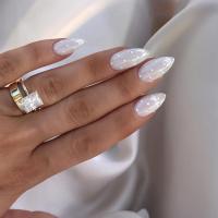 China White Holographic Nails Long Almond Pattern False Nails Glossy for sale