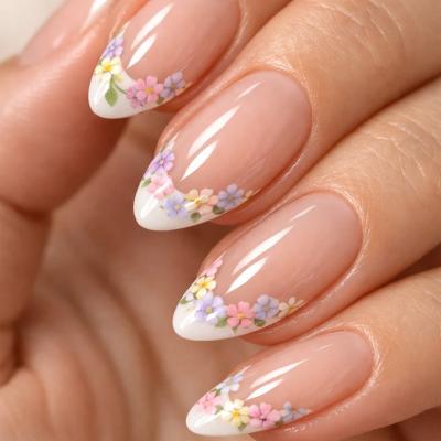 China 24Pcs French Tip Press On Nails Glossy Flower Design False Nails French Tips for sale