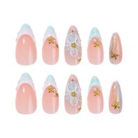 China Hypoallergenic Wear 3D Fake Nails Blue Long Almond French Tip 3D Nails for sale