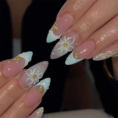 China Hypoallergenic Wear 3D Fake Nails Blue Long Almond French Tip 3D Nails for sale