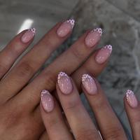 China Medium Almond Polka Dot French Tip Artifical Nails No Nail Damage for sale