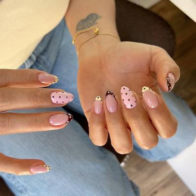 China Long Almond Polka Dot Artificial French Nails Quick Application for sale