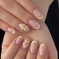 China FDA Long Almond Shaped Nails 24pcs Yellow French Tip 3D Nails for sale