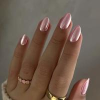 China Oval Pink Holographic Fake Nails Medium Press On Holographic Nails for sale