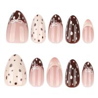 China Medium Almond Brown Polka Dot Pattern Press On Nails Beige Wavy for sale