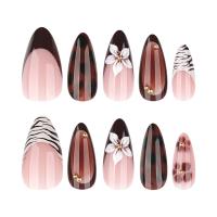 China Long Almond Tortoiseshell Pattern Artifical Nails Brown French Tip for sale