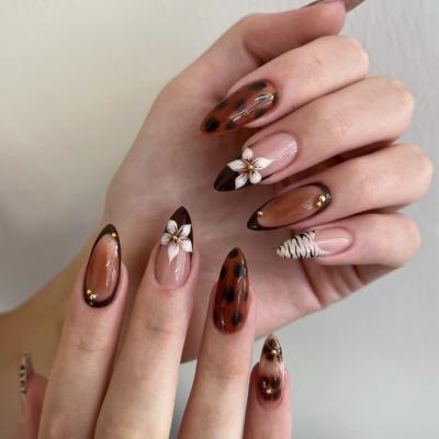 China Long Almond Tortoiseshell Pattern Artifical Nails Brown French Tip for sale