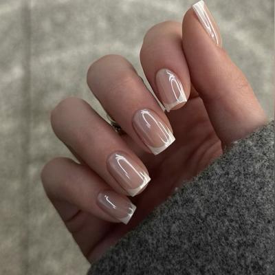 China Medium Square Glossy Finish French Tip Press On Nails Easy To Apply for sale