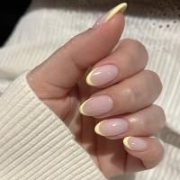 China Medium Almond Yellow French Tip Artifical Nails No Nail Damage for sale