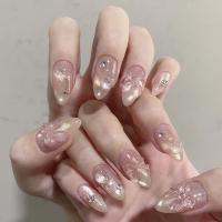 China Floral Rhinestone 3D Press On Nails Pink Shimmer Ombre Nails Long Almond for sale