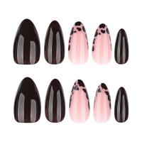 China Long Almond Dark Brown Leopard Pattern Artifical Nails French Tip Design for sale