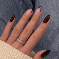 China Long Almond Dark Brown Leopard Pattern Artifical Nails French Tip Design for sale