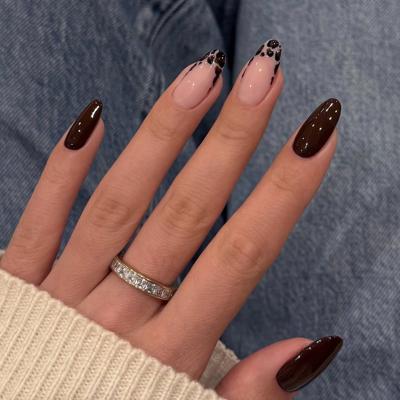 China Long Almond Dark Brown Leopard Pattern Artifical Nails French Tip Design for sale