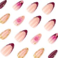 China Long Almond 24pcs Gilded 3D Press On Nails Flower Design Manufactory for sale