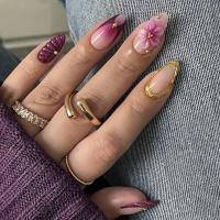 China Long Almond 24pcs Gilded 3D Press On Nails Flower Design Manufactory for sale