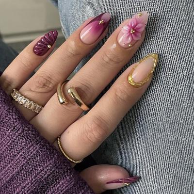 China Long Almond 24pcs Gilded 3D Press On Nails Flower Design Manufactory for sale