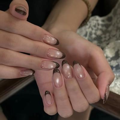 China Long Almond French Tip Press On Nails Cat Eye No Nail Salon Visit Needed for sale