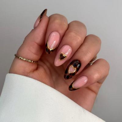 China Almond Gilded French Tip Artificial Nails Leopard French Manicure Long Nails for sale