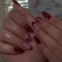 China FDA Long Almond Polka Dot Nails Finish Vintage Rhinestone 3D Nails Bow Design for sale