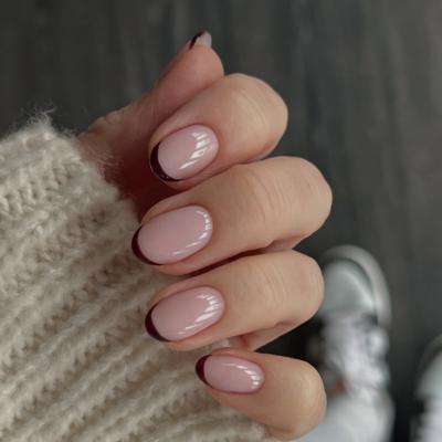 China Short Oval Glossy Design French Tip Press On Nails Gentle On Natural Nails for sale
