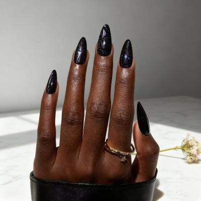 China Black Purple Galaxy Cat Eye Nails Magnetic 24pcs Long Almond Nails for sale