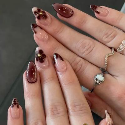 China Dark Red Floral Leopard Press On Ombre Nails 24pcs Almond Glossy for sale